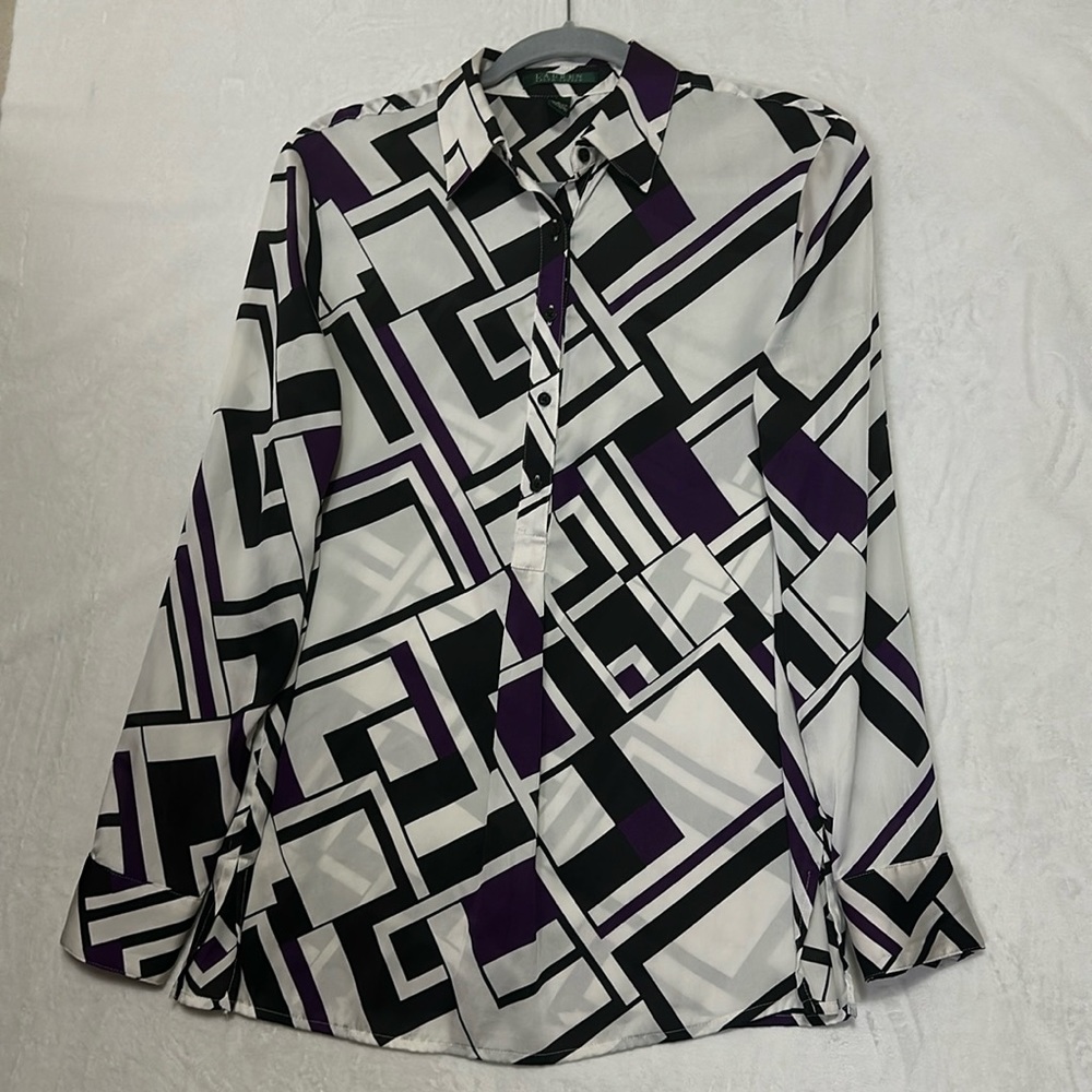 Lauren Ralph Lauren Colorblock Button Down Blouse Siz… - Gem